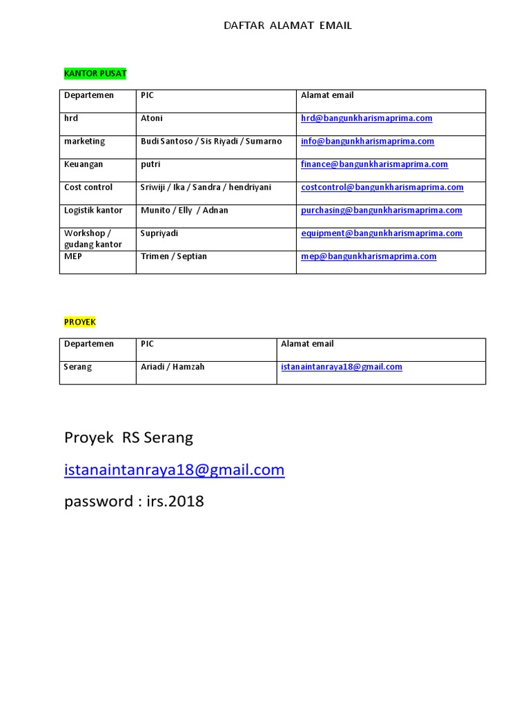 Kontak Email Departemen Perusahaan | PDF