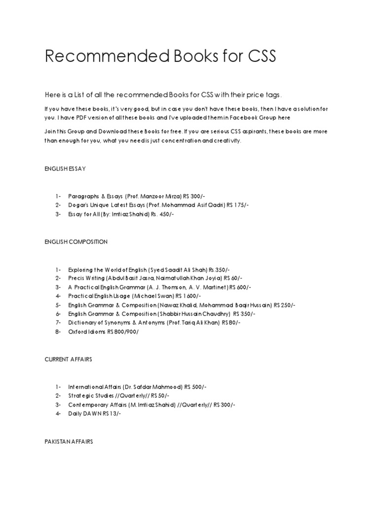 Recommended Books For CSS | PDF | Pakistan | Religion And Belief