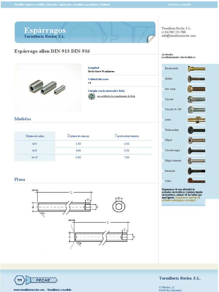 Esparrago Allen Din 913 Din 916 | PDF | Tornillo | Metalurgia