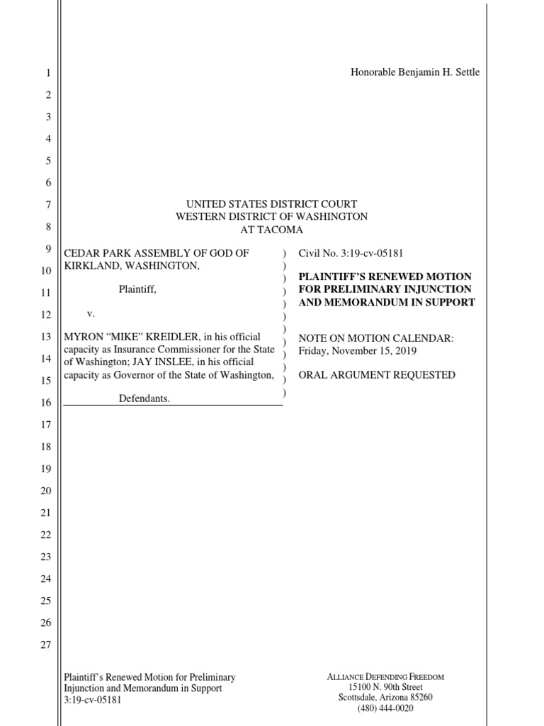 Cedar Park Motion For PI | PDF | Standing (Law) | Free Exercise Clause