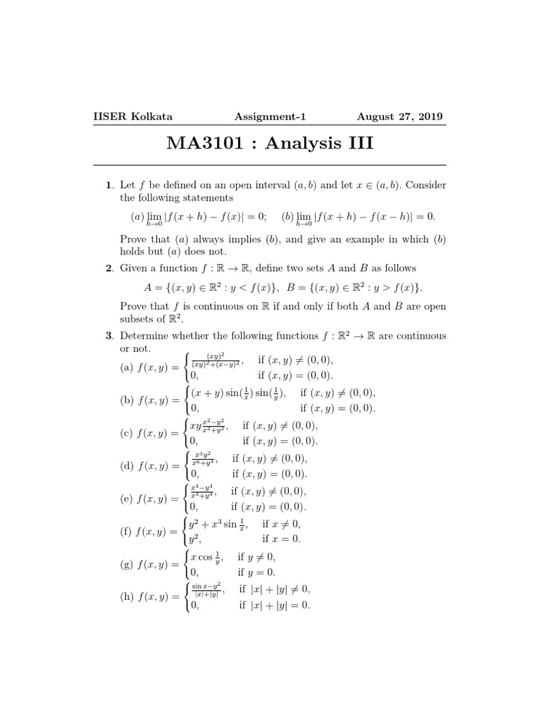 MA3101: Analysis III: IISER Kolkata Assignment-1 August 27, 2019 | Download Free PDF | Metric ...