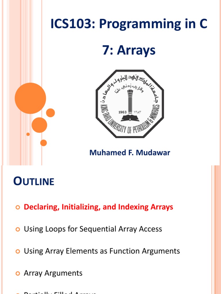 Ics103 Programming In C 7 Arrays Muhamed F Mudawar Pdf Array Data Structure Parameter