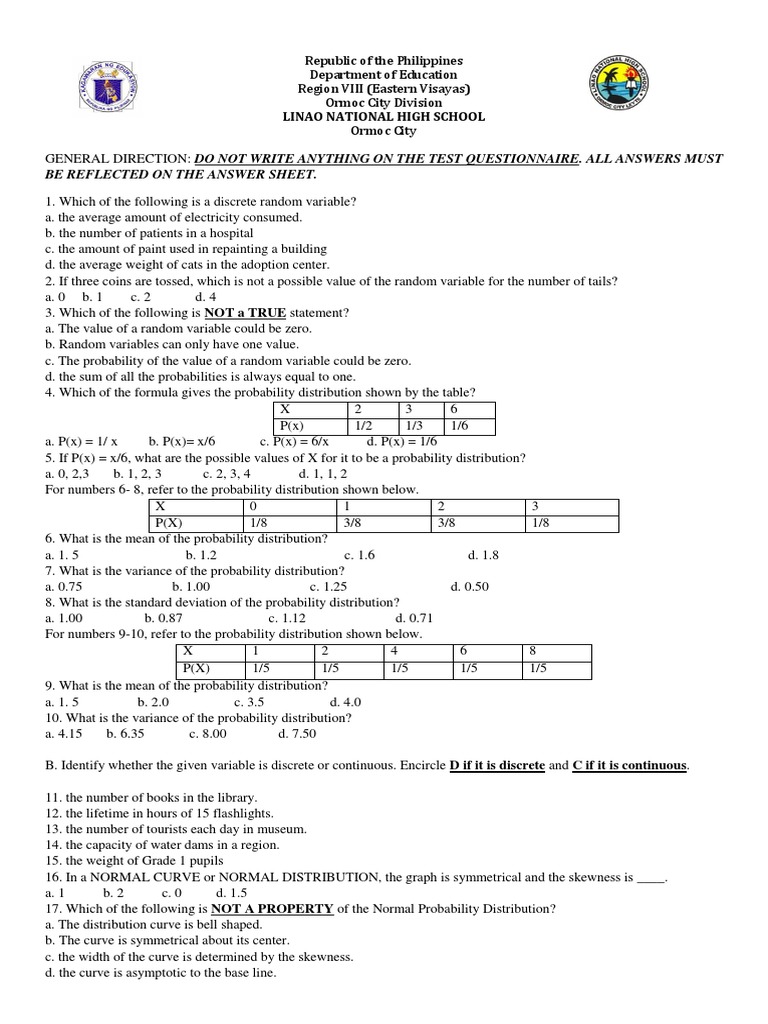 Probability Distribution Test Questions | PDF | Mean | Normal Distribution