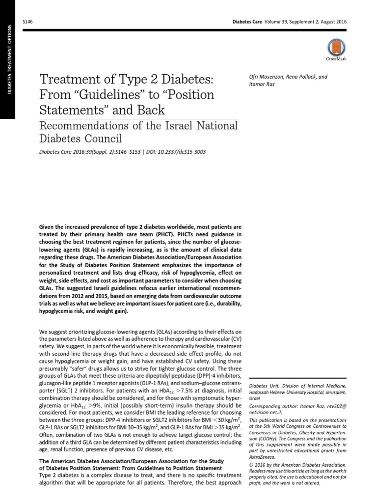 Treatment of Type 2 Diabetes: From "Guidelines" To "Position Statements ...