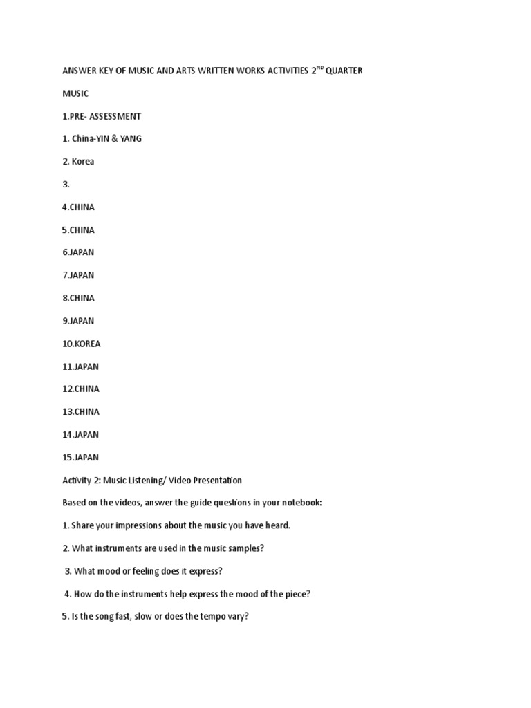 MAPEH Answer Key: Music & Arts Activities | PDF | Entertainment (General)