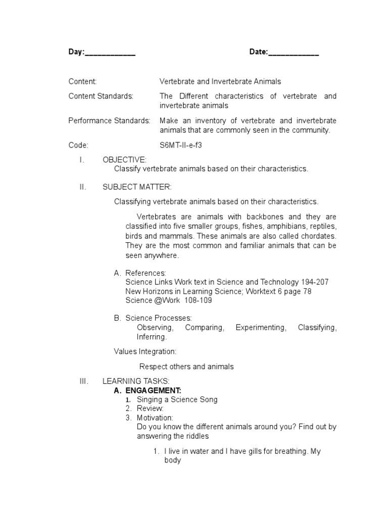 Classifying Vertebrates 2nd Grading Lesson Plan | PDF | Vertebrates ...