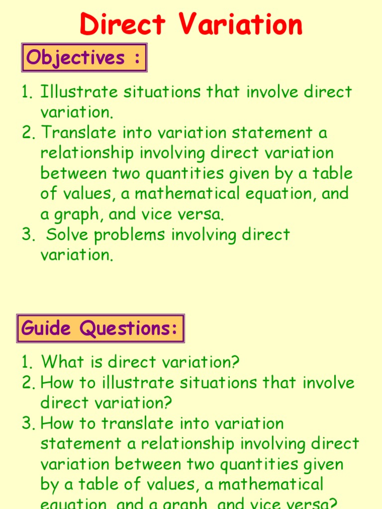 Exploring Direct Variation: Objectives, Guide Questions, Vocabulary ...