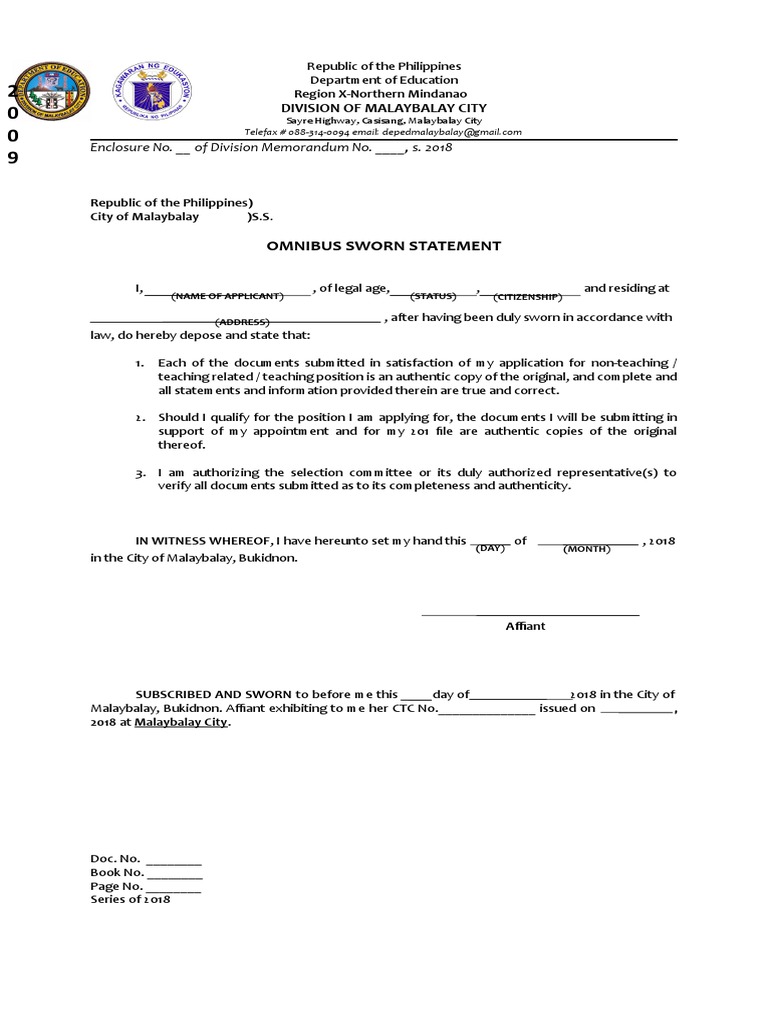 Omnibus Sworn Statement: Enclosure No. - of Division Memorandum No ...