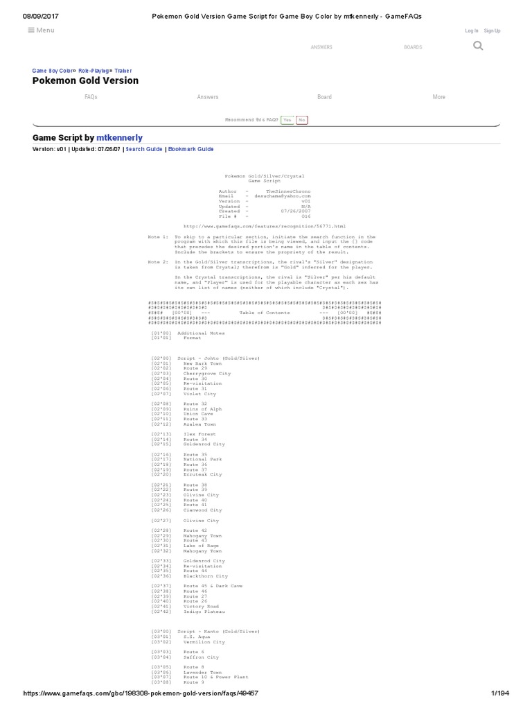 Pokemon Gold Version Game Script For Game Boy Color by Mtkennerly ...
