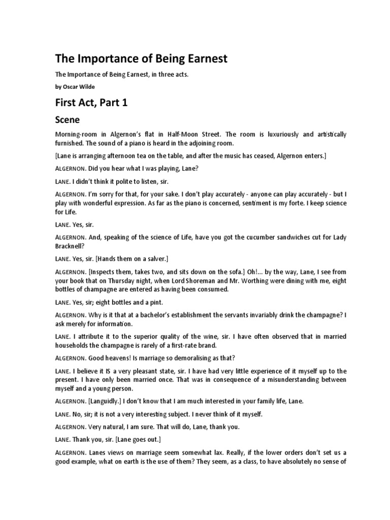 The Importance of Being Earnest: First Act, Part 1 | Download Free PDF ...