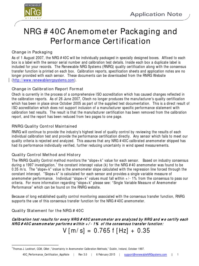NRG #40C Anemometer Packaging and Performance Certification: V (M/S) 0. ...