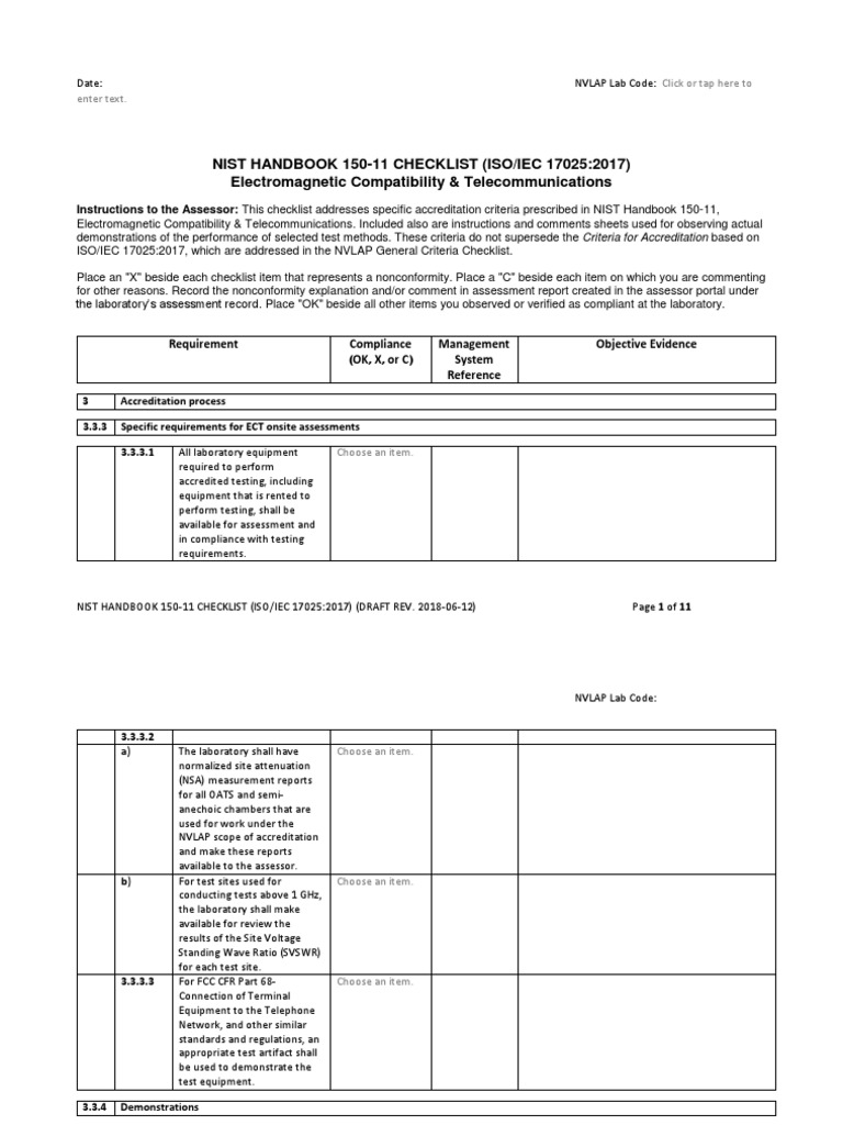 NIST HANDBOOK 150-11 CHECKLIST (ISO/IEC 17025:2017) Electromagnetic ...