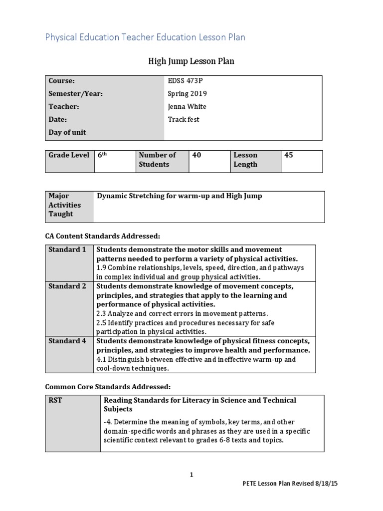 Edse 473 High Jump Lesson | PDF | Lesson Plan | Physical Education