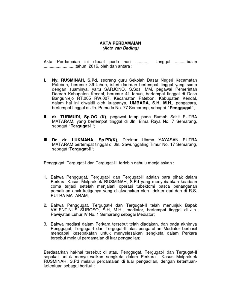 AKTA PERDAMAIAN Di Luar Pengadilan | PDF