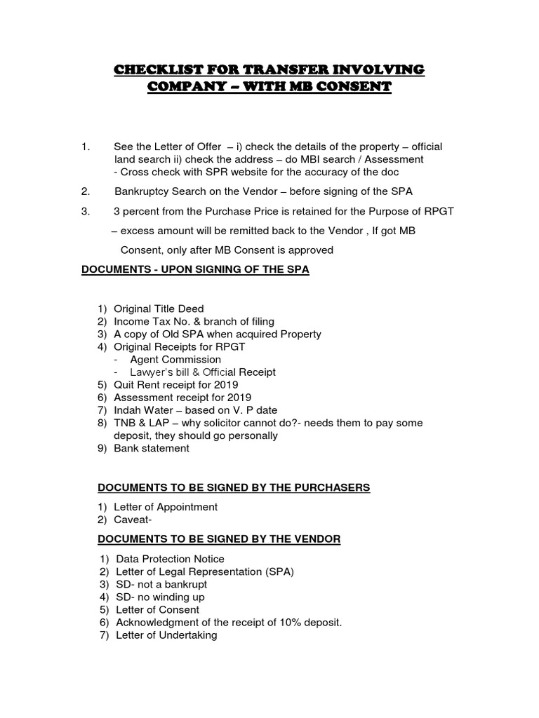 Checklist For Transfer Involving Company | PDF