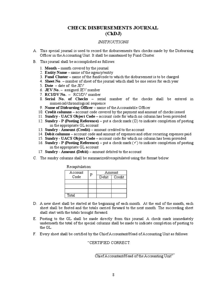 Check Disbursements Journal (CKDJ) : Instructions | PDF | Debits And ...
