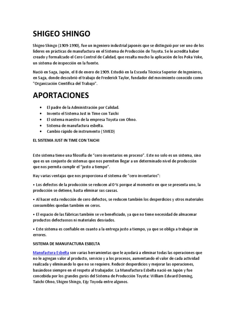 Shigeo Shingo: El Sistema Just In Time Con Taichi | Lean Manufacturing ...