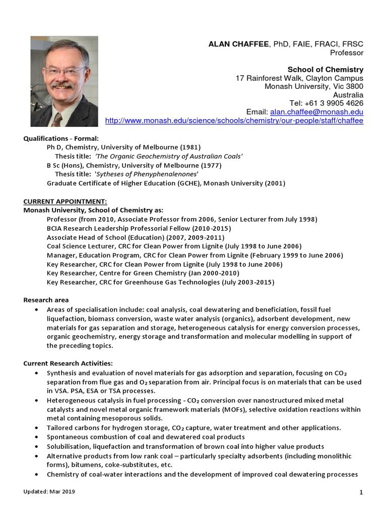 CV Alan Chaffee | PDF | Adsorption | Catalysis