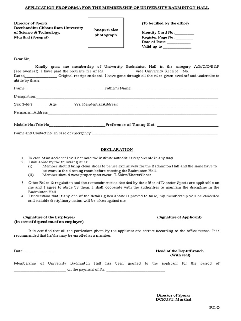 Application Proforma For The Membership of University Badminton Hall ...