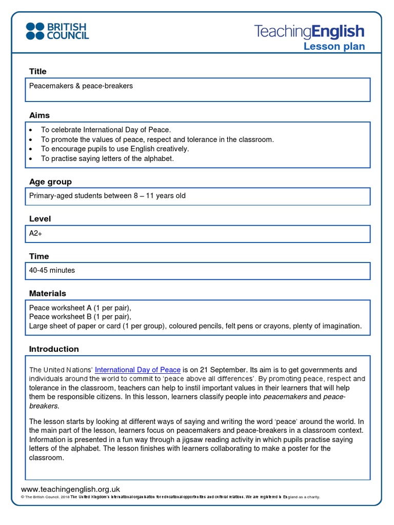 World Peace Day Lesson Plan | Download Free PDF | Peace | Lesson Plan