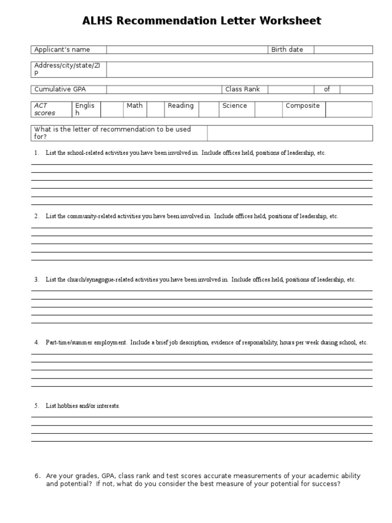 Recommendation Letter Worksheet | PDF