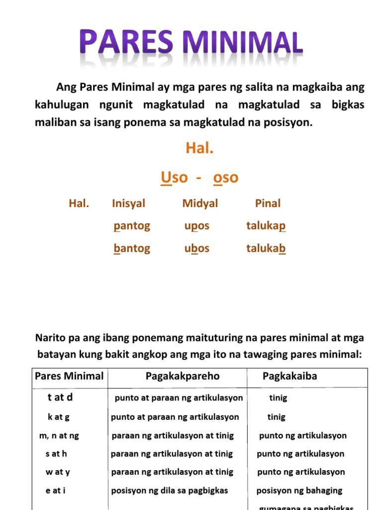 Ang Pares Minimal Ay Mga Pares NG Salita Na Magkaiba Ang Kahulugan ...