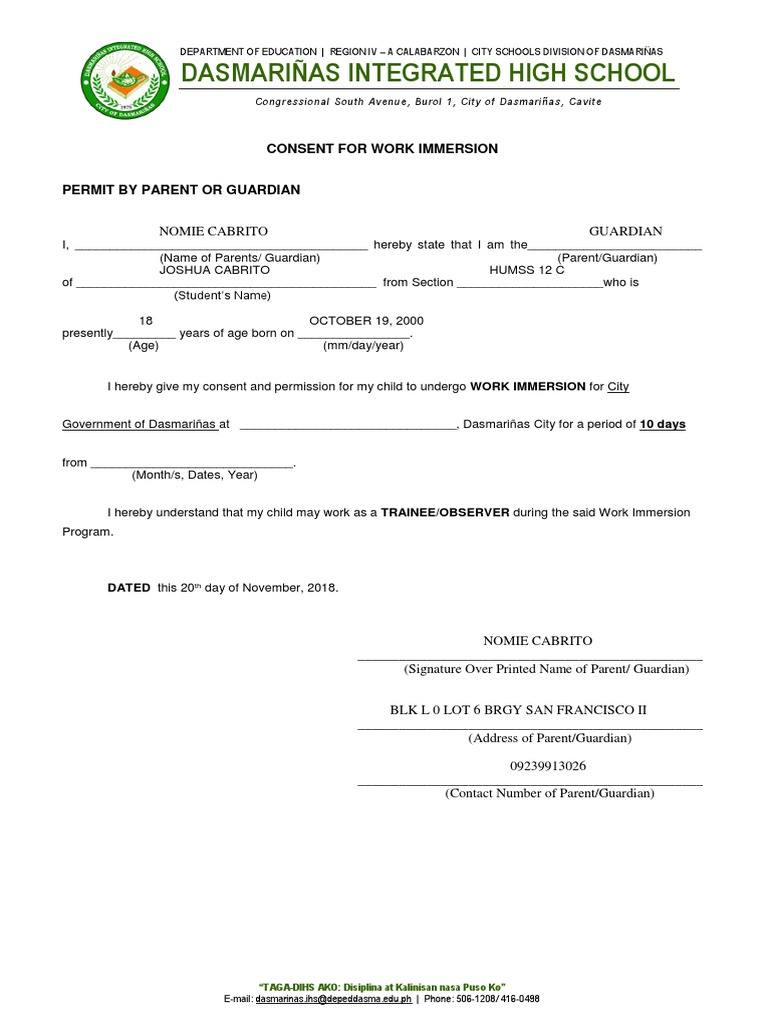 Dasmariñas Integrated High School: Consent For Work Immersion | PDF ...