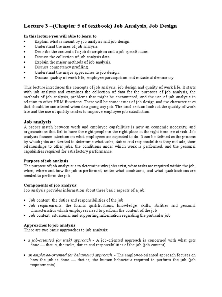 Lecture 3 - (Chapter 5 of Textbook) Job Analysis, Job Design | PDF ...