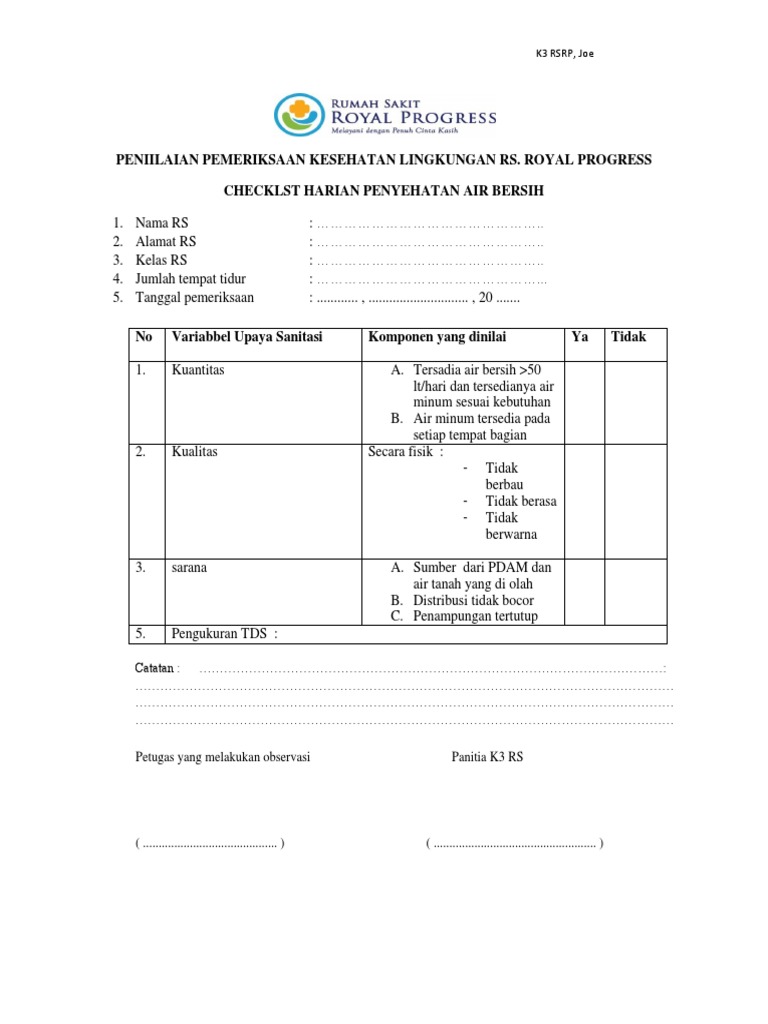 Checklist Harian Air Bersih | PDF