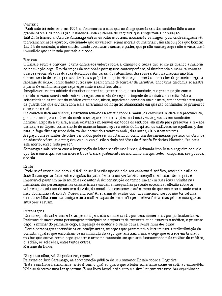 Resumo: Ensaio Cegueira | Bem-estar