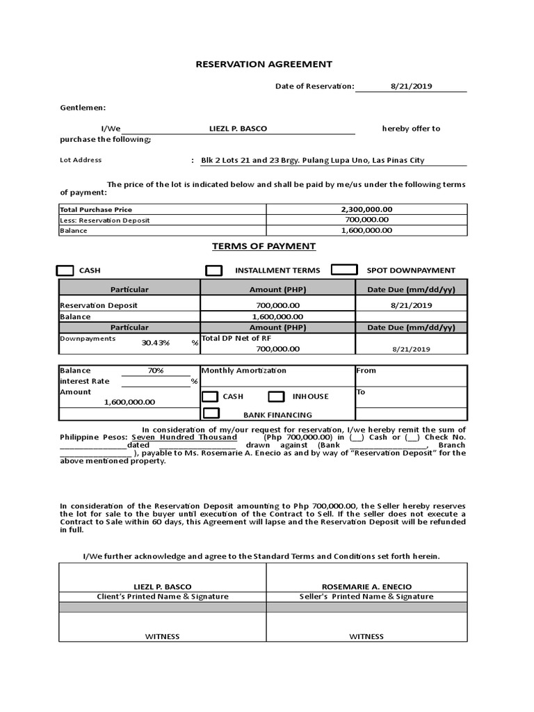 Reservation Agreement | Download Free PDF | Private Law | Financial ...