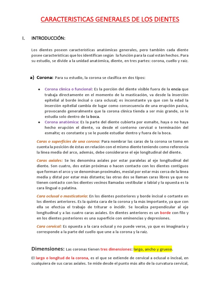 Caracteristicas Generales de Los Dientes | PDF | Diente | Esmalte de ...