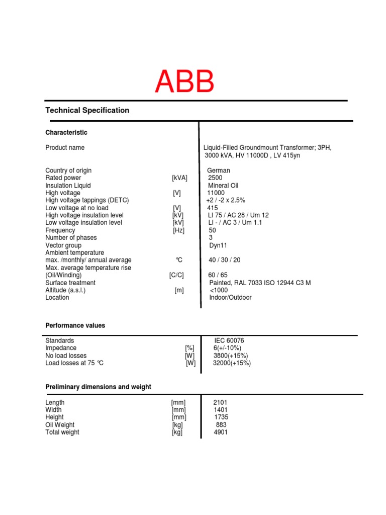 Abb 3mva Transformer Specification | PDF
