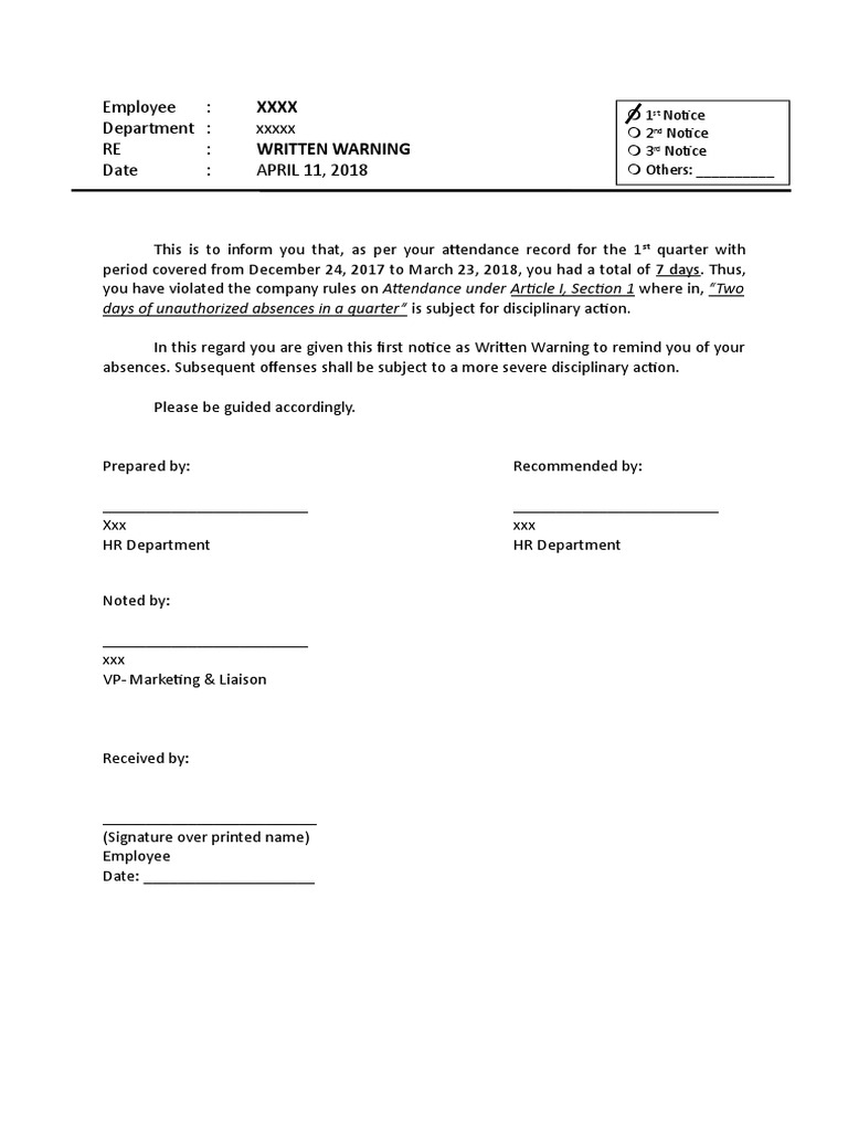 Employee Receives First Written Warning Due to Excessive Absences in ...