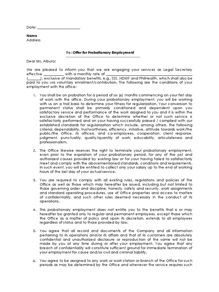 Offer of Probationary Employment | PDF | Confidentiality | Employment