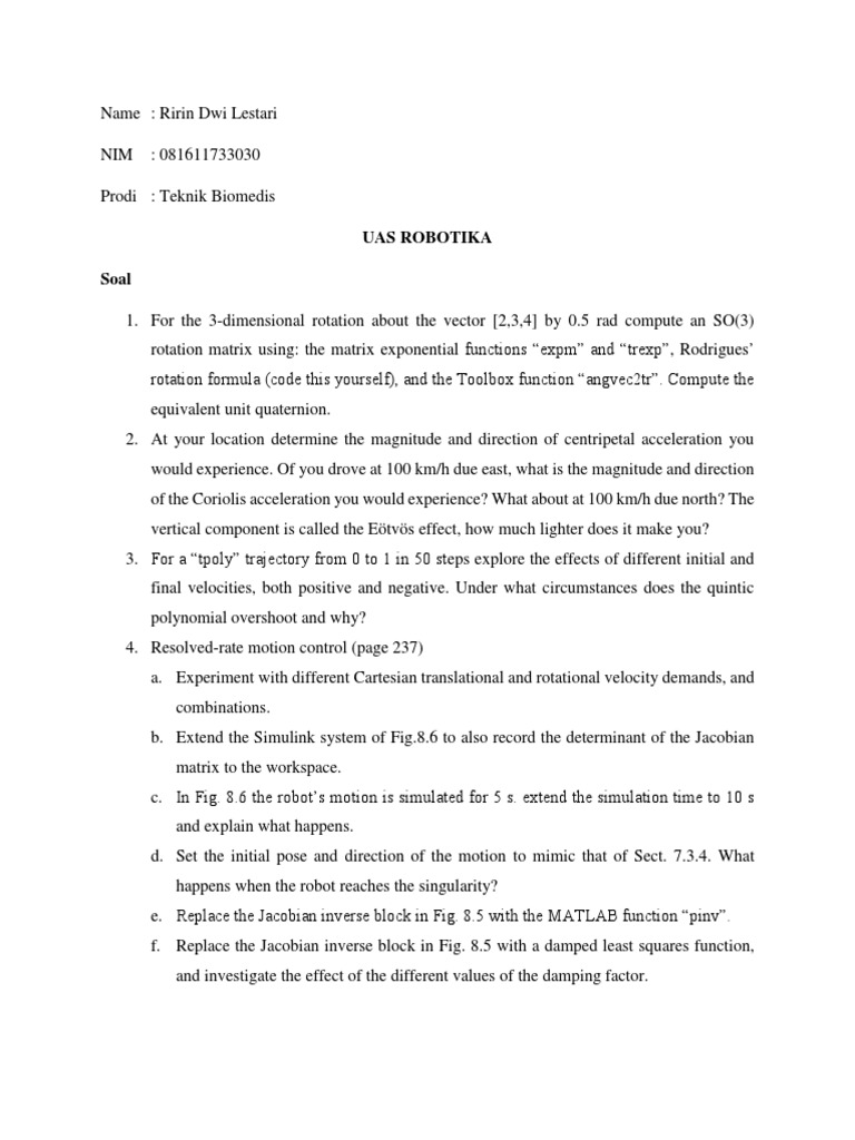 Template Lembar Jawaban UAS Robotika | PDF | Matriks (Matematika) | Vektor Euclidean