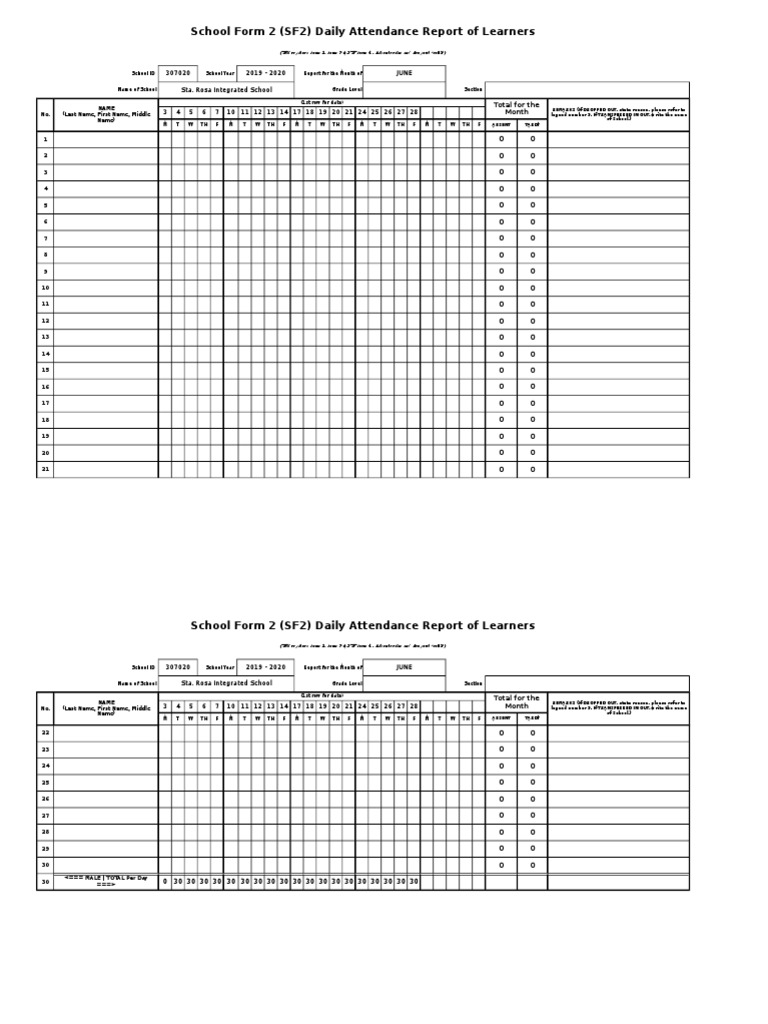 School Form 2 (SF2) Daily Attendance Report of Learners | PDF ...