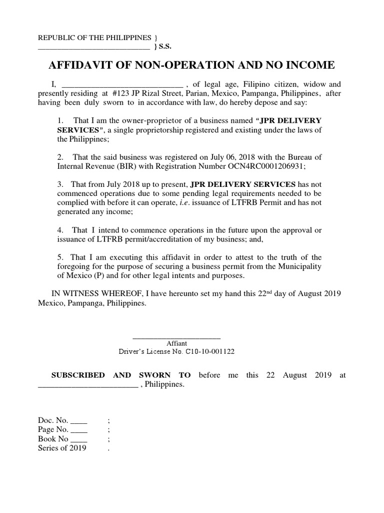 Affidavit of Non-Operation and No Income: SERVICES", A Single ...