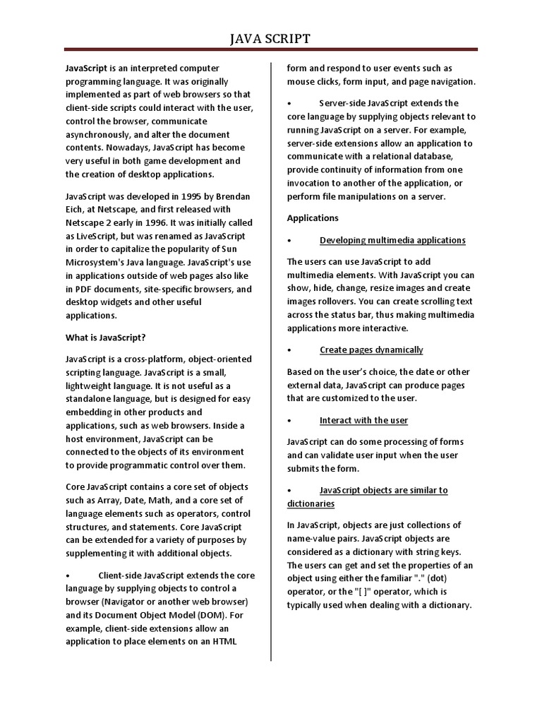 Java Script Javascript Is An Interpreted Computer Pdf Java Script Document Object Model 4213