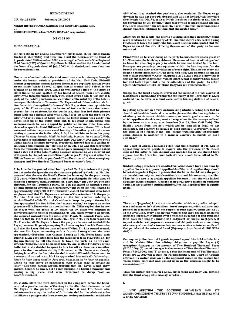 Nikko Hotel vs. Reyes (G.R. No. 154259 February 28, 2005) | PDF ...