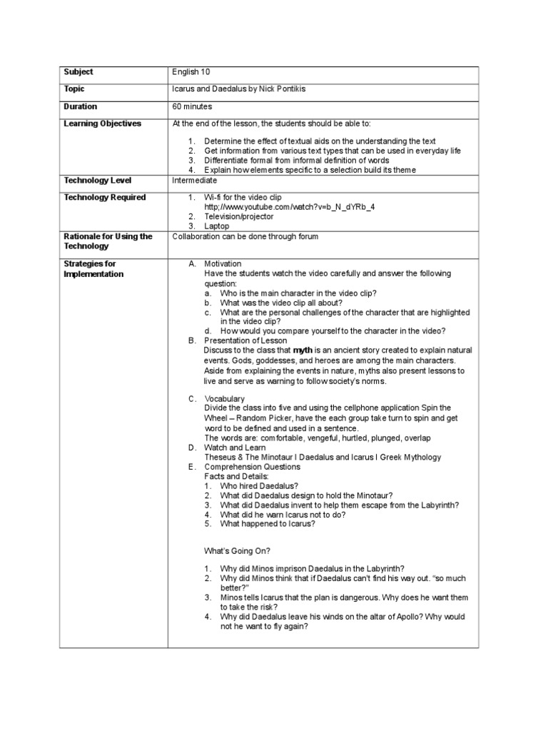 Icarus and Daedalus Lesson Plan | PDF | Minotaur | Greek Mythology