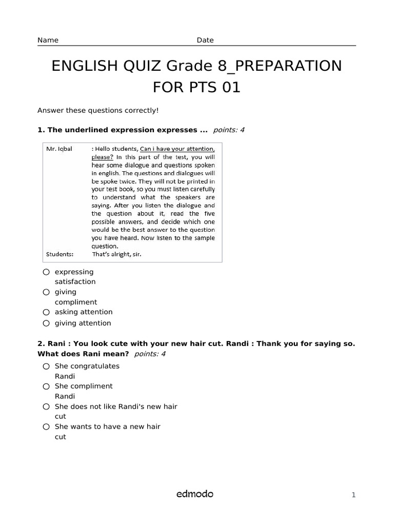 English Quiz Grade 8 - Preparation For Pts 01 | PDF