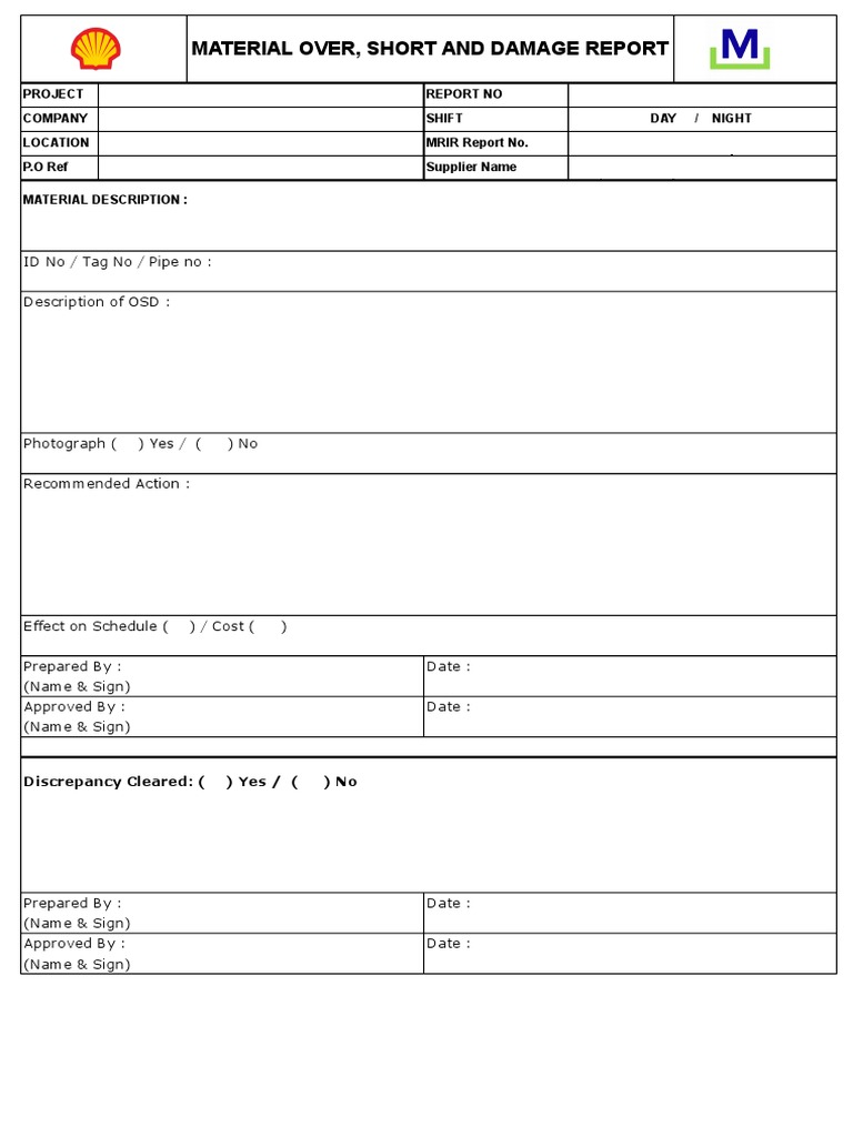 Material Over Short and Damage Report