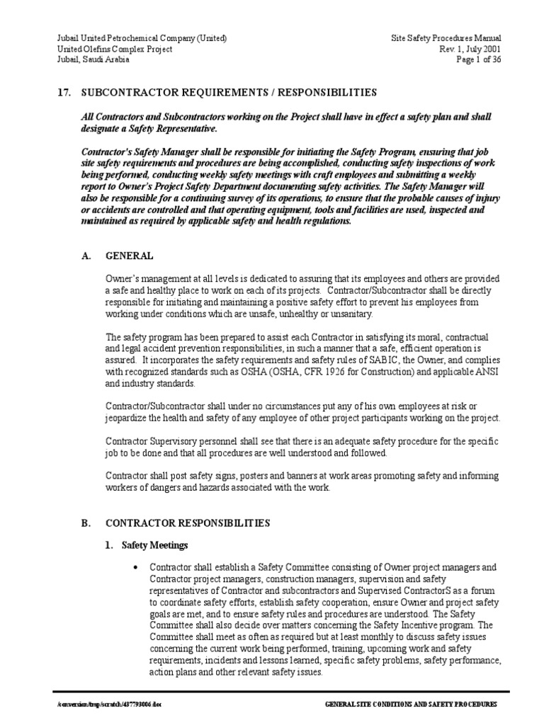 Subcontractor Requirements / Responsibilities: A. General | PDF ...