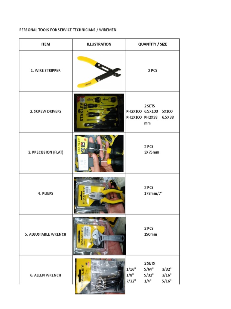 Technician Personal Tools | PDF | Tools | Manufactured Goods
