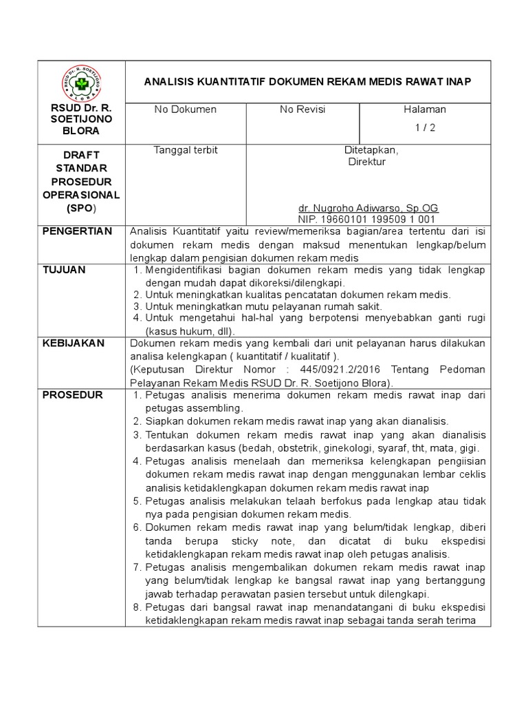 Draft Sop Analisis Dokumen Rekam Medis Ranap Revisi | PDF