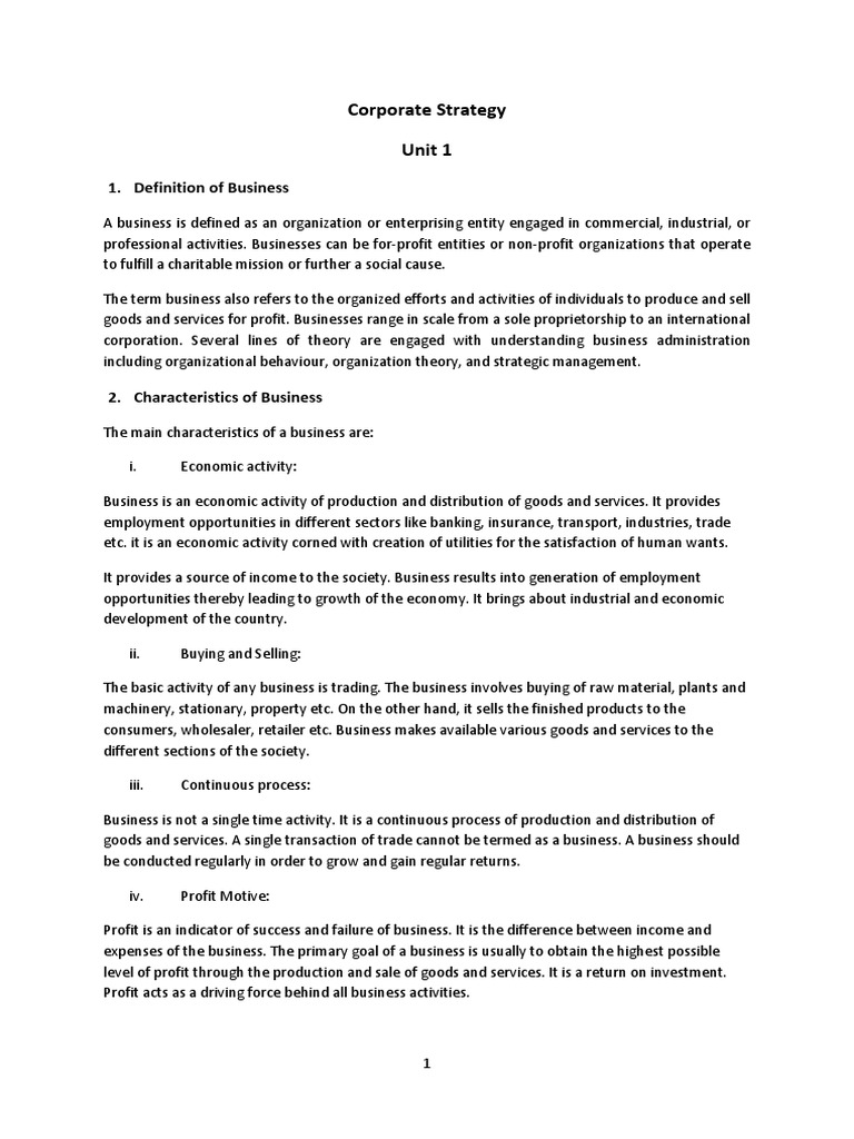 Corporate Strategy Unit 1: 1. Definition of Business | PDF | Strategic ...