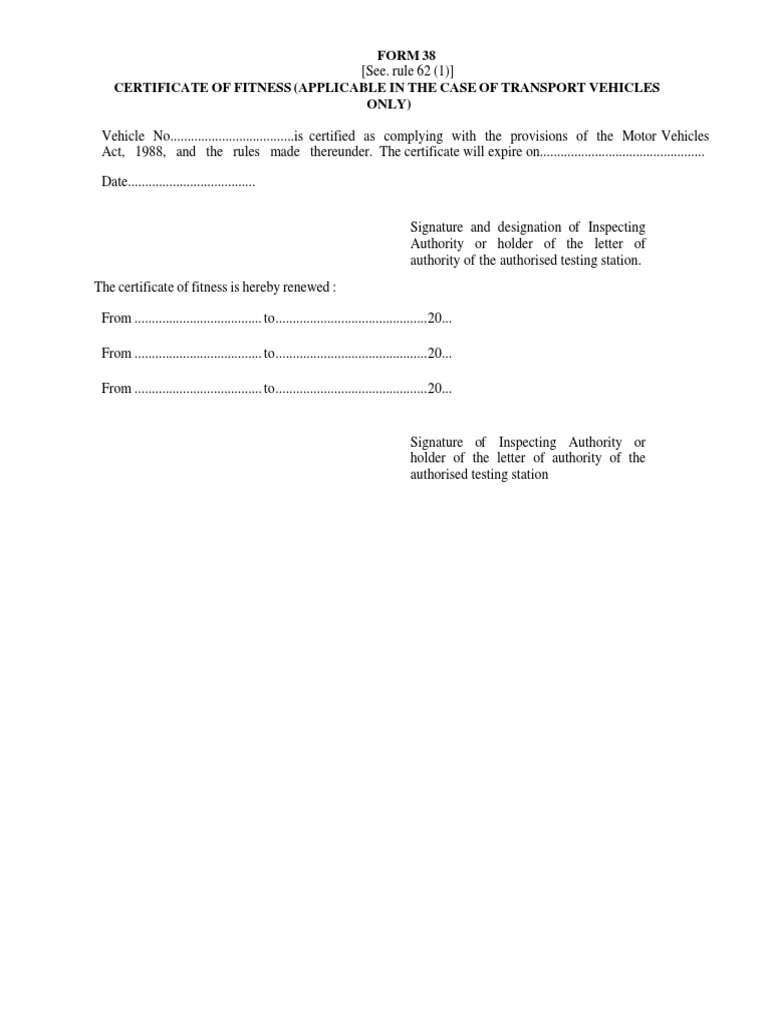 Form 38 Certificate of Fitness (Applicable in The Case of Transport ...