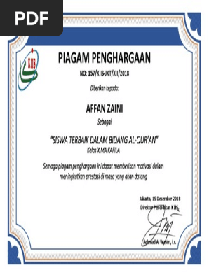 contoh piagam penghargaan tahfidz qur an - Adam Blake