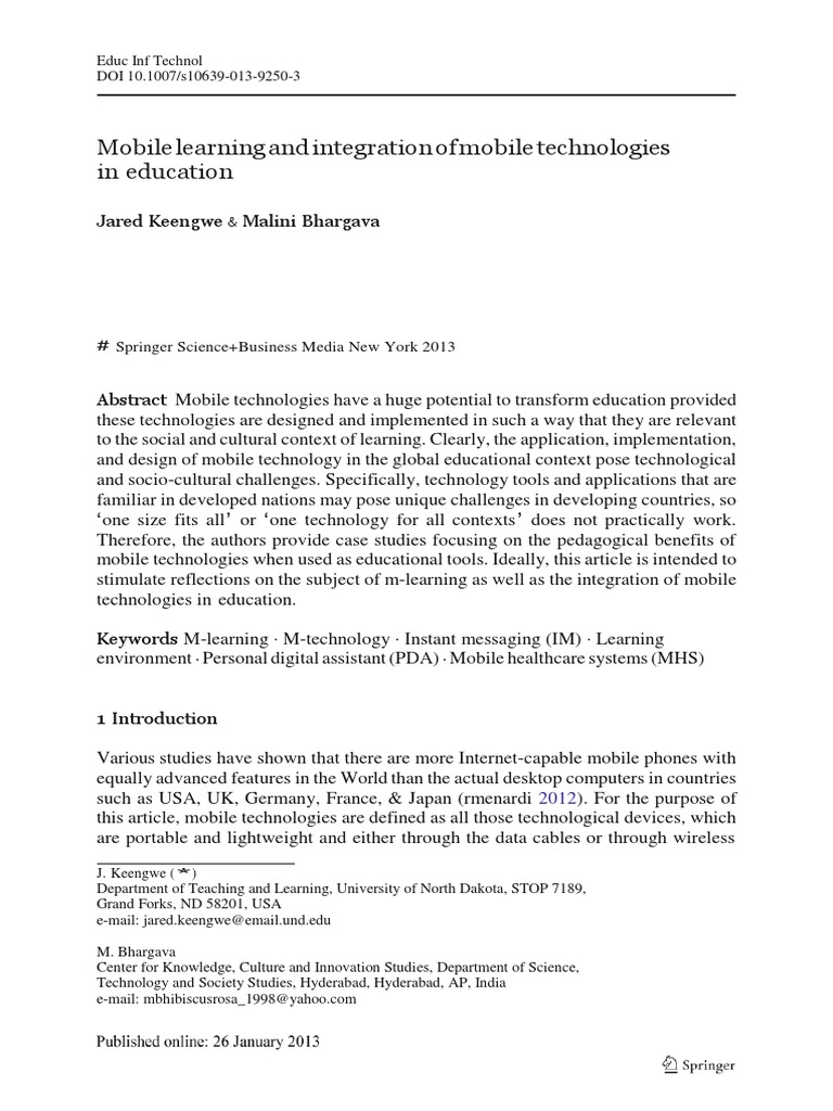 Mobile Learning and Integration of Mobile Technologies in Education ...